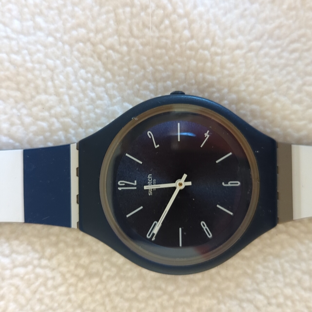 Men's Swatch Watch. Blue, White, Tan Stripes. - Gem